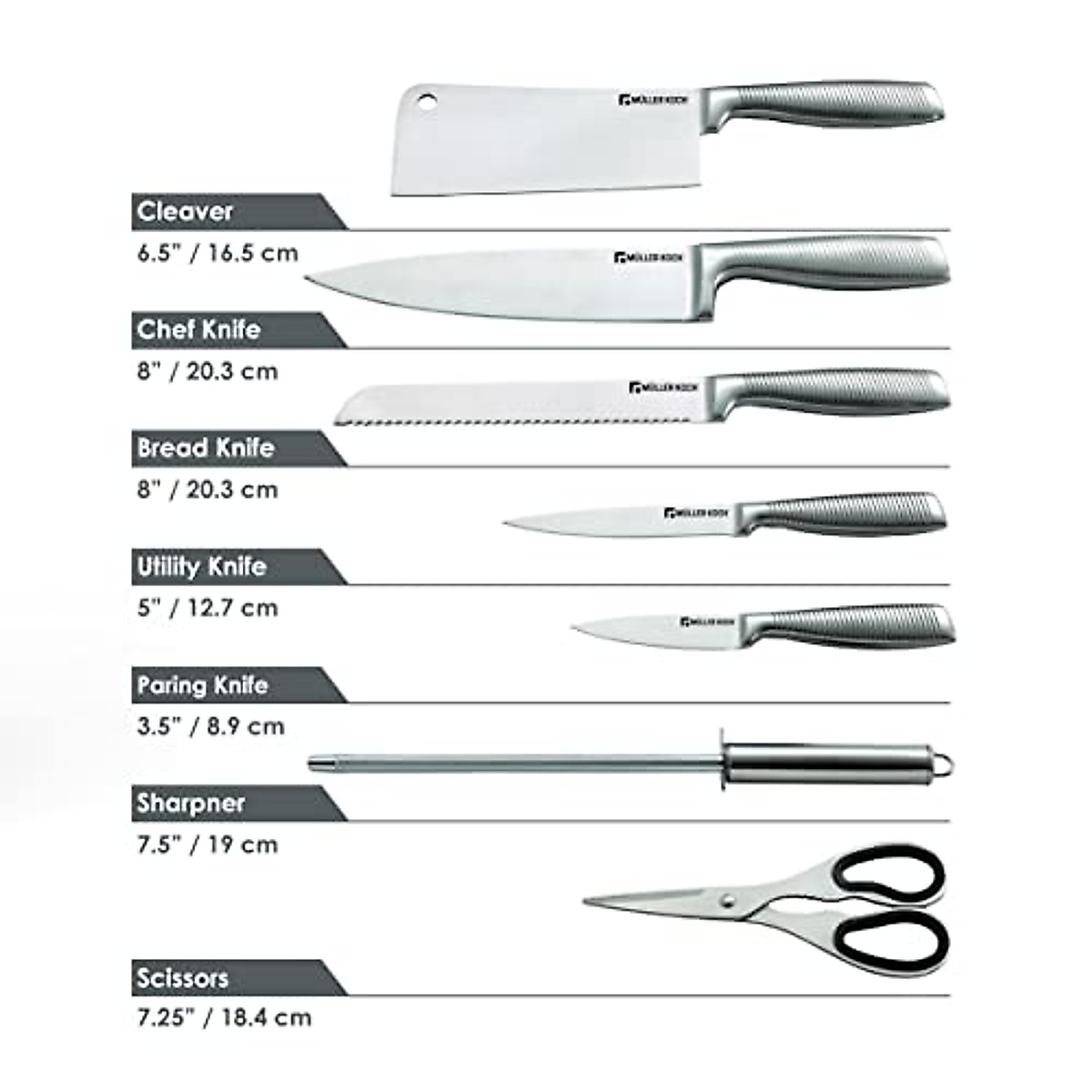 Müller Koch MK-2811-8 PCS Knife Set with Acrylic Block Stand (SILVER)