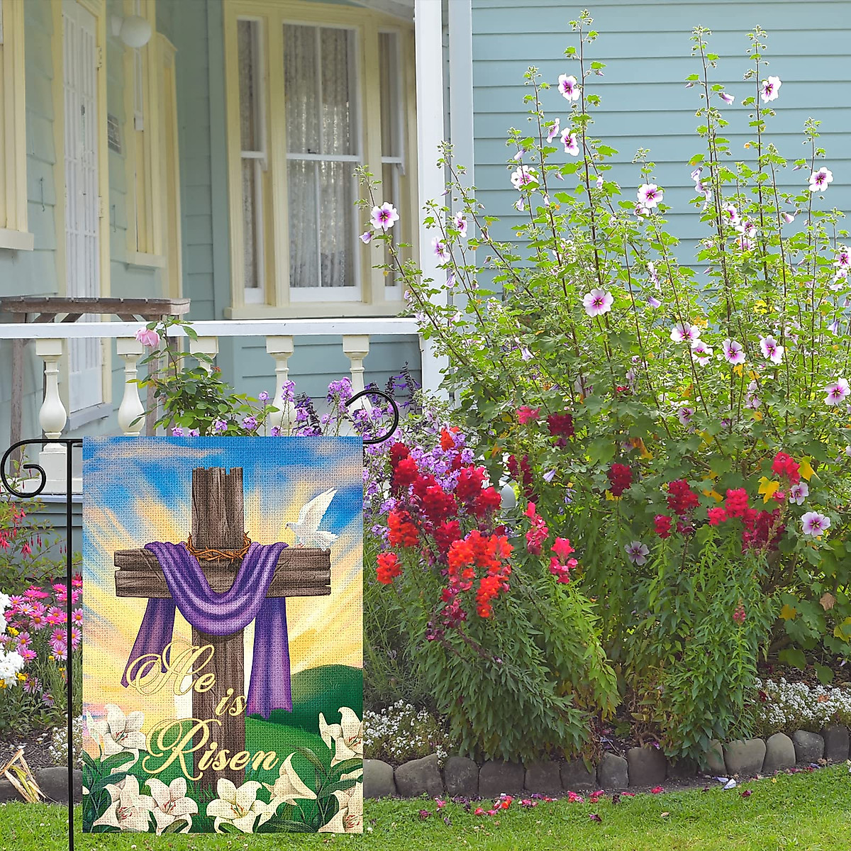 Louise Maelys Easter Garden Flag 12x18 Double Sided Burlap, Small Vertical He is Risen Easter Cross Garden Yard Flags for Easter Spring Christmas Outdoor Outside Decoration (ONLY FLAG)