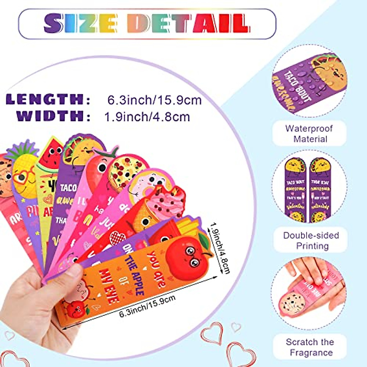 30 Pieces Valentine's Scented Bookmarks Scratch and Sniff Bookmarks Fruit Food Assorted Scented Funny Sayings Bookmarks for Kids Teenagers Classroom Valentines Day Gifts