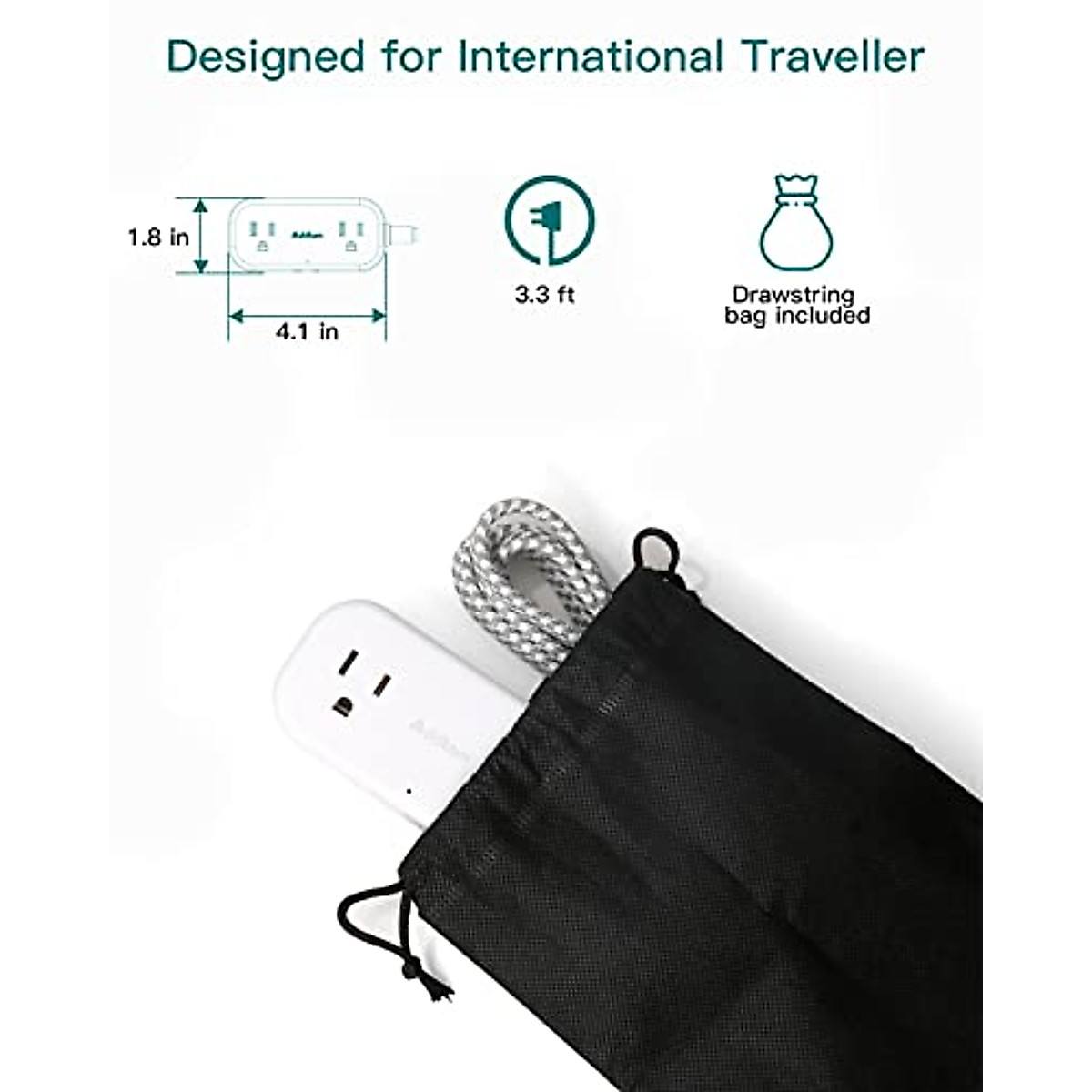 Addtam Universal Travel Adapter, Power Strip with International Plug Adapter, 2 AC Outlet and 2 USB Ports(1 USB-C PD 20W), Essentials for US EU UK AU White