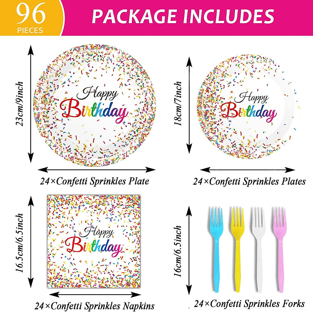 96 Pieces Happy Birthday Plates and Napkins Party Supplies for Confetti Sprinkles Theme Table Decorations Pastel Birthday Party Tableware Donut Paper Plates Napkins Forks Favors for 24 Guests.