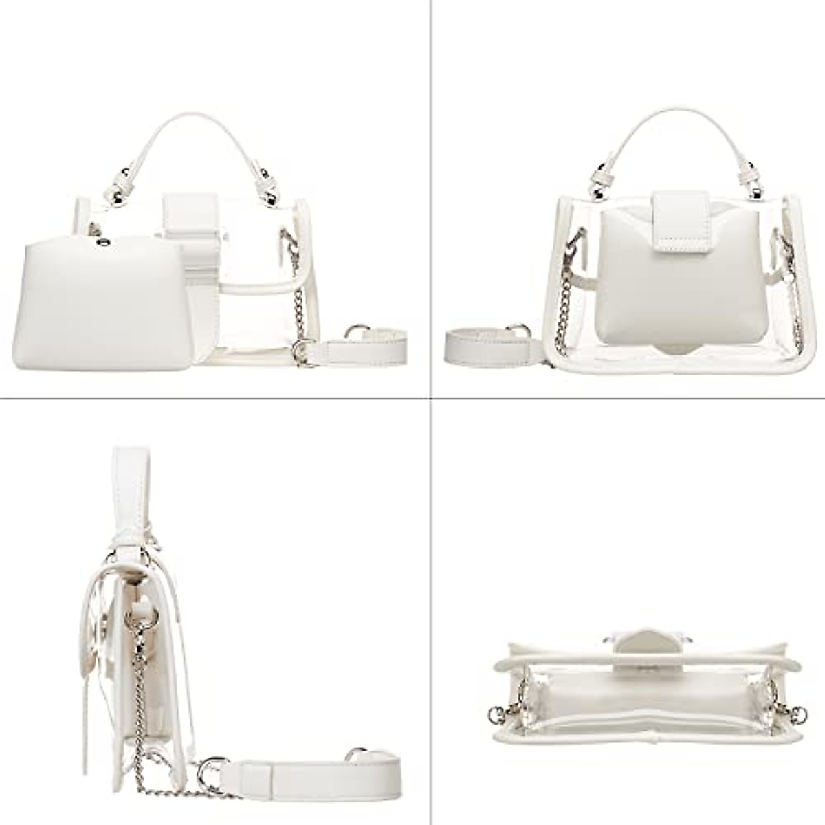 Women Clear Shoulder Bag Purse 2 in 1 Transparent Crossbody Messenger Bag Jelly Handbags Mini Clutch Casual Travel Pouch Waterproof College Cute Chain Bag for Women Grils Ladies, White