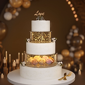 2PCS Acrylic Fillable Cake Stand Cake Riser Cake Tier, Round Cylinder Display Riser Display Box, Decorative Centerpiece for Wedding Birthday Party (10" Dx4 H inch, 6" Dx4 H inch, 2M LED Lights)