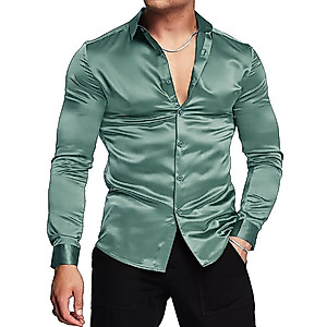 URRU Men's Luxury Shiny Silk Like Satin Dress Shirt Long Sleeve Slim Fit Casual Muscle Button Up Shirts Light Green L