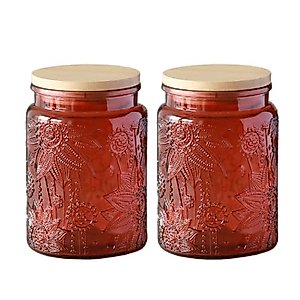 ANSQU Set of 2 Vintage Glass Kitchen Storage Counter Jar, 23.7 FL OZ Candy Jars with Lids, Coffee Container for Ground Coffee, Mason Jar Hold Coffee Beans, Tea, Sugar, Bath Salts & More (Red)