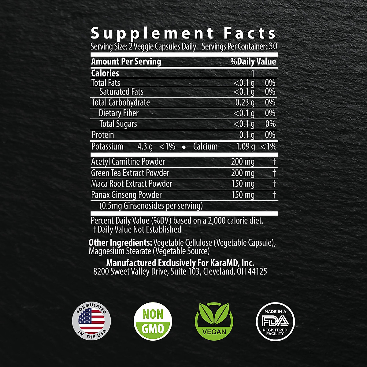 KaraMD Focus 365 - Nootropic Brain Supplement for Memory & Focus - with Maca Root, Ginseng, Acetyl L-Carnitine & Green Tea - Vegetable Capsules - 30 Servings (60 Capsules)