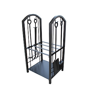 Everflying Fireplace Log Rack with 4 Tools Indoor Outdoor Fireside Firewood Holders Lumber Storage Stacking Black Wrought Iron Logs Bin Holder for Fireplace Tool