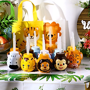 12 Set Zoo Animal Cups with Straws and Lids, 10 oz Plastic Reusable Safari Jungle Animal Theme Party Kids Cups for Elephant, Monkey, Lion, Tiger, Zebra, Giraffe, Safari Birthday Party Supplies