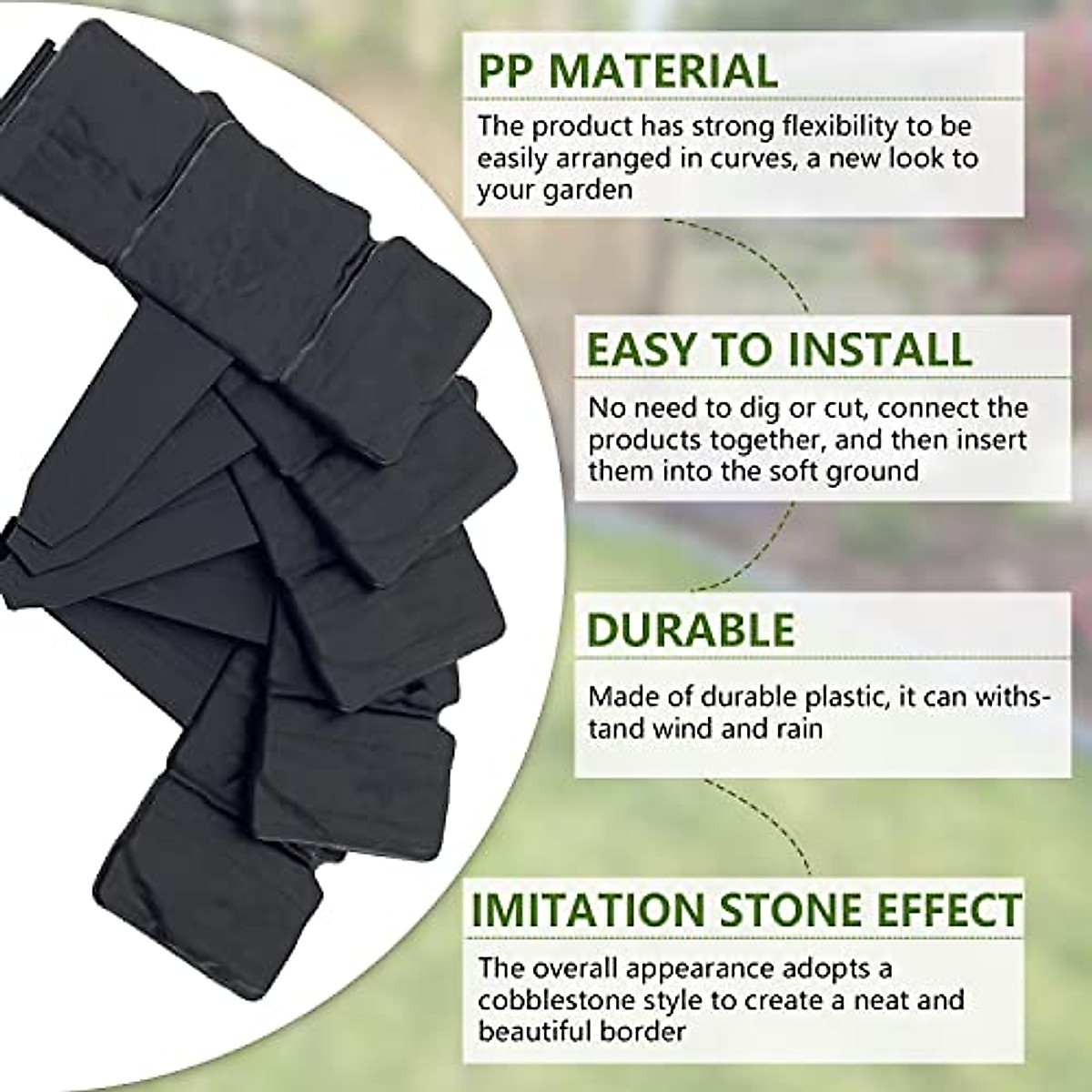 Garden Edging Border, Garden Landscape Edging Borders for Flower Bed, Black Stone Effect Plastic Lawn Edging Fencing | No Dig Landscape Edging | 20 Pcs | 16 Ft | (Black)