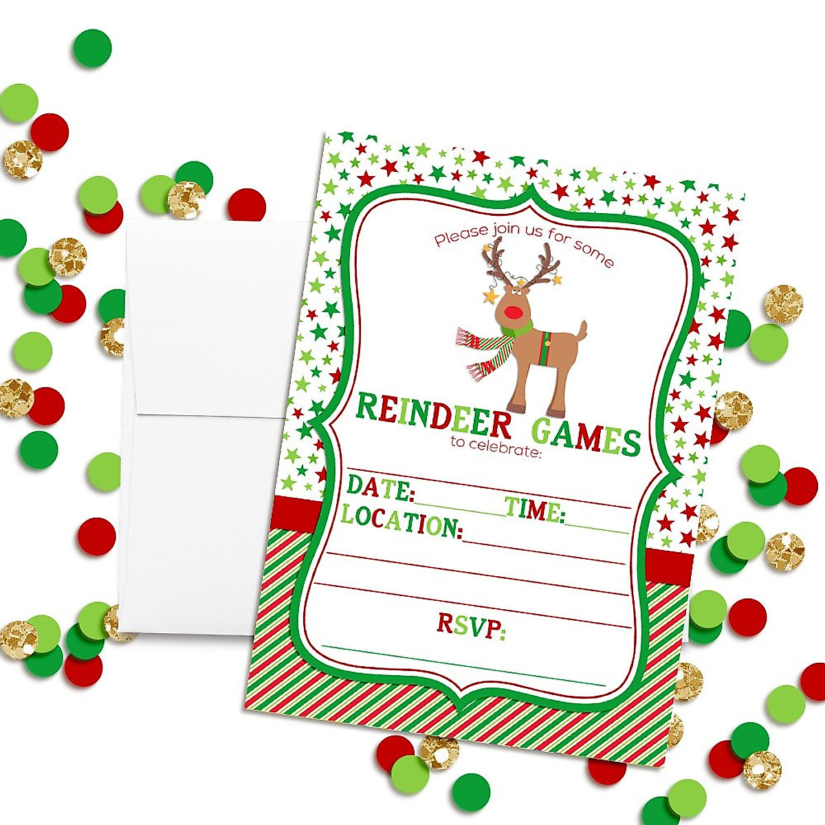 Reindeer Games Holiday Birthday Party Invitations, 20 5x7 Fill In Cards with Twenty White Envelopes by AmandaCreation
