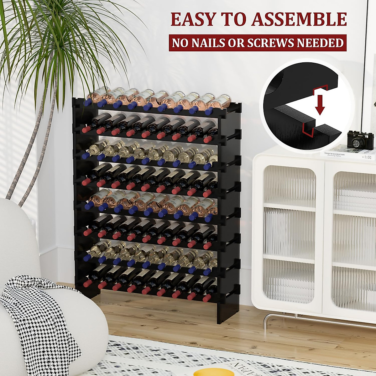 Domax Wine Rack Freestanding Floor - 8 Tiers Wine Bottle Holder 72 Bottle Stackable Wine Rack， Bamboo Wine Holder Wine Storage Racks for Kitchen, Bar, Pantry and Cellar (Black)