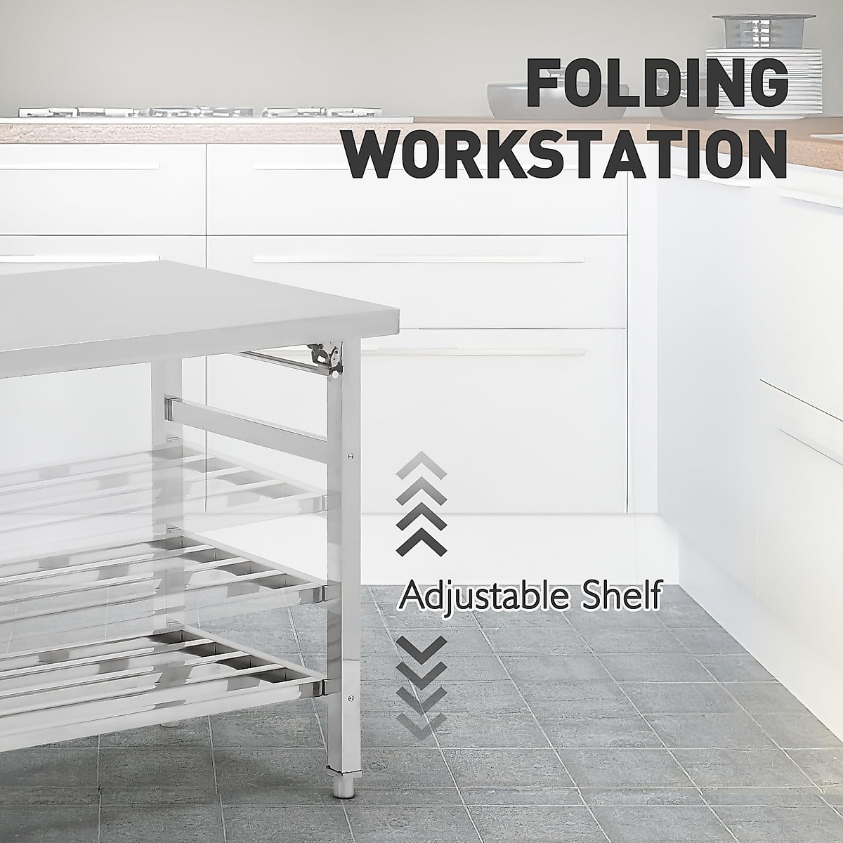 Stainless Steel Kitchen Work Table, 60 x 24 in Metal Commercial Food Prep Work Bench with Adjustable Shelf, Stainless Steel Folding Island Table for Kitchen, Restaurant, No Assembly
