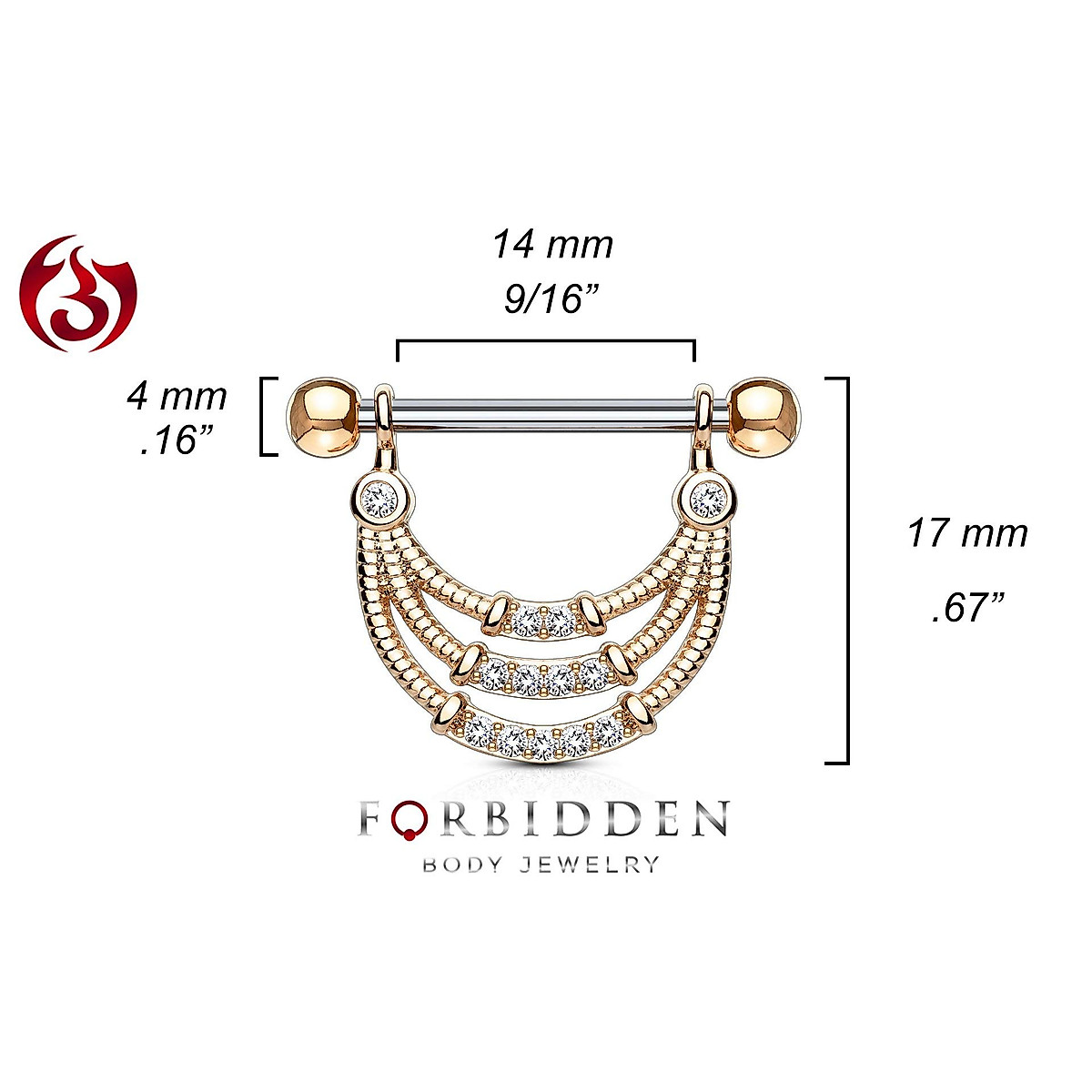 Forbidden Body Jewelry Pair of Surgical Steel 9/16 Inch D-Ring Style Pave CZ Triple Rope Dangle Nipple Barbells, Rose Gold Tone