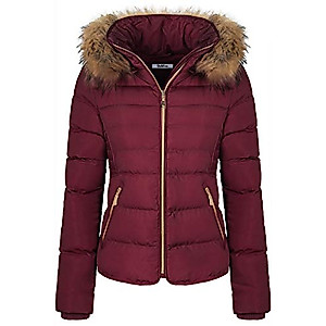 BodiLove Women's Winter Quilted Puffer Short Coat Jacket with Removable Faux Fur Hood and Zipper Burgundy L