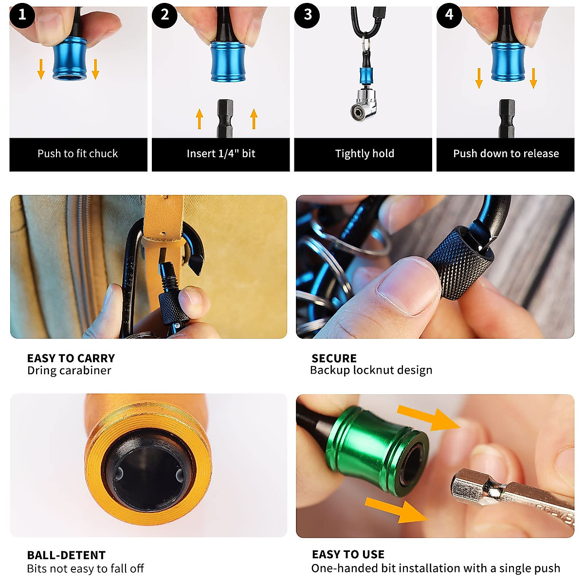 Katerk Bit Holder Key chain Gadgets for Men - 1/4 Drill Bit Holder 6Pcs, w/Drill Socket Adapter 3 Sizes 1/4" 3/8" 1/2", w/ 105° Multifunction Right Angle Drill, 10Pcs Cool Gifts Electrician Tools