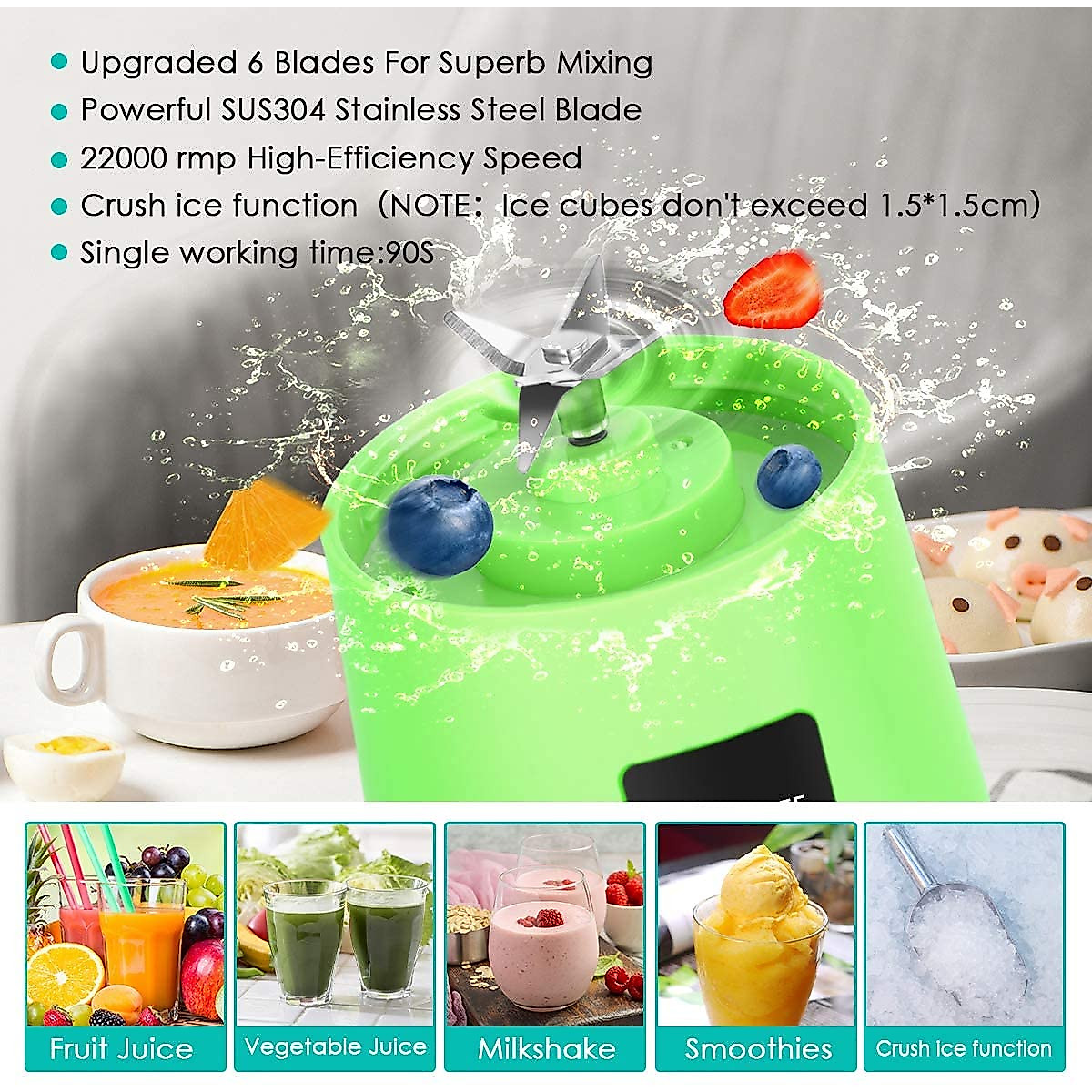 Vadaap Portable Blender, Personal Blender with USB Rechargeable Mini Fruit Juice Mixer, Personal Size Blender for Smoothies and Shakes Mini Juicer Cup Travel 380ML, Green, S