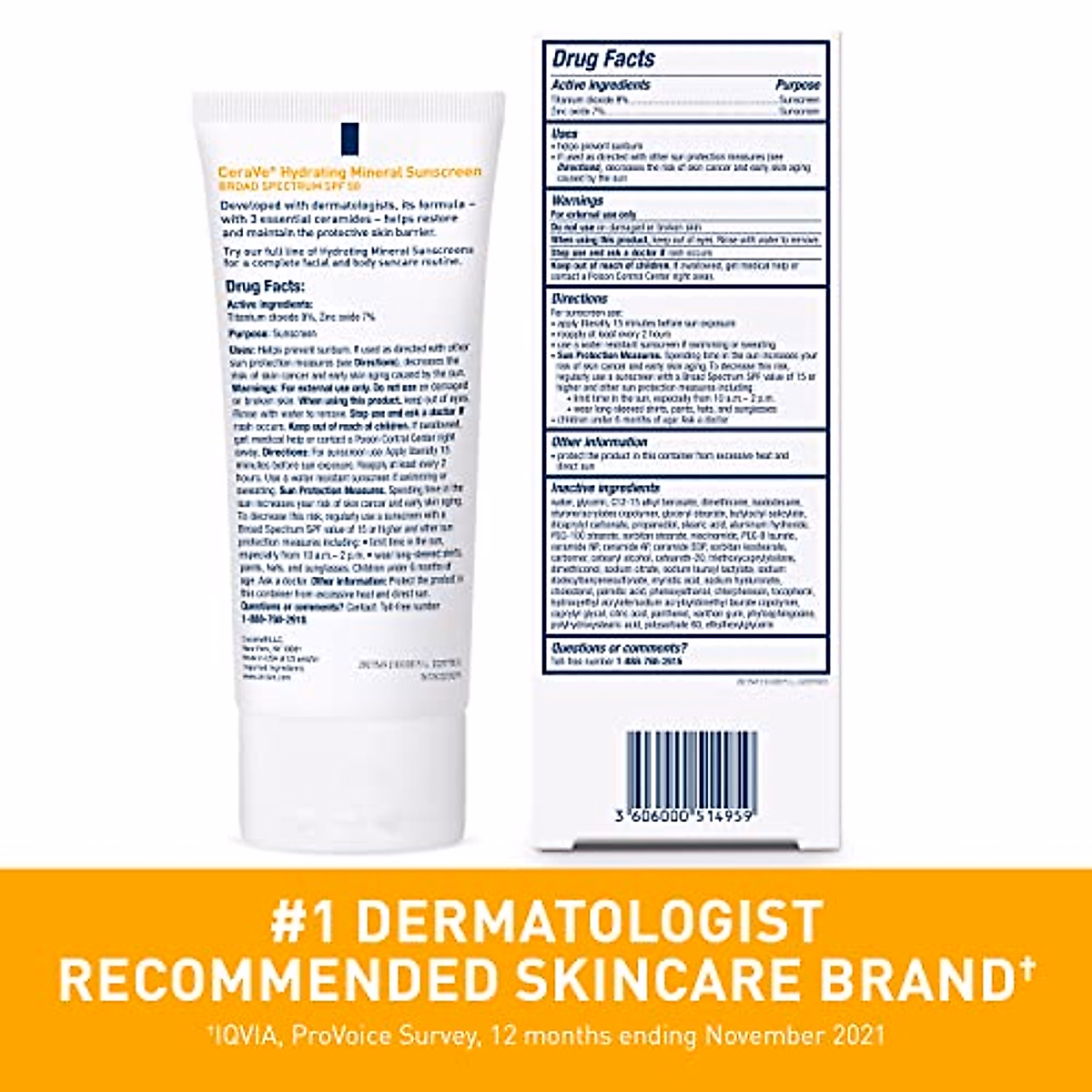 CeraVe 100% Mineral Sunscreen SPF 50 | Face Sunscreen with Zinc Oxide & Titanium Dioxide for Sensitive Skin | With Hyaluronic Acid, Niacinamide, and Ceramides | 2.5 oz