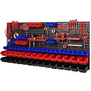 PAFEN Schüttenrega Storage System Workshop Shelving 1728 x 780 mm Wall Shelf with Tool Holder and 64 Stacking Boxes Wall Plates (Red/Blue/Black)
