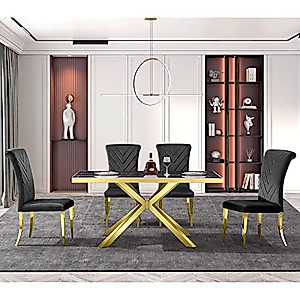 AZhome Modern Dining Room Table with Gold Stainless Steel Metal X-Base in Black Gold