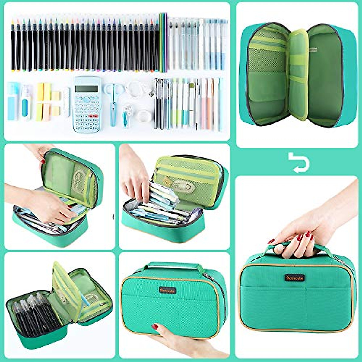 Homecube Pencil Case Big Capacity Storage Pen Bag Makeup Pouch Zippered Students Stationery Bag with Outer Pockets and Handle- 8.23x5.12x3.15"- Green