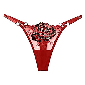 Underwear Women Sexy Thongs for Women Naughty Slutty Low Rise Embroidery Underwire Mesh Lace T-Back Thong Breathable Stretch Hollow Out Panty Underwear Wine
