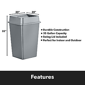 SunSierra Trash Cans 35 Gallon Square Garbage Can with Lid, Grey