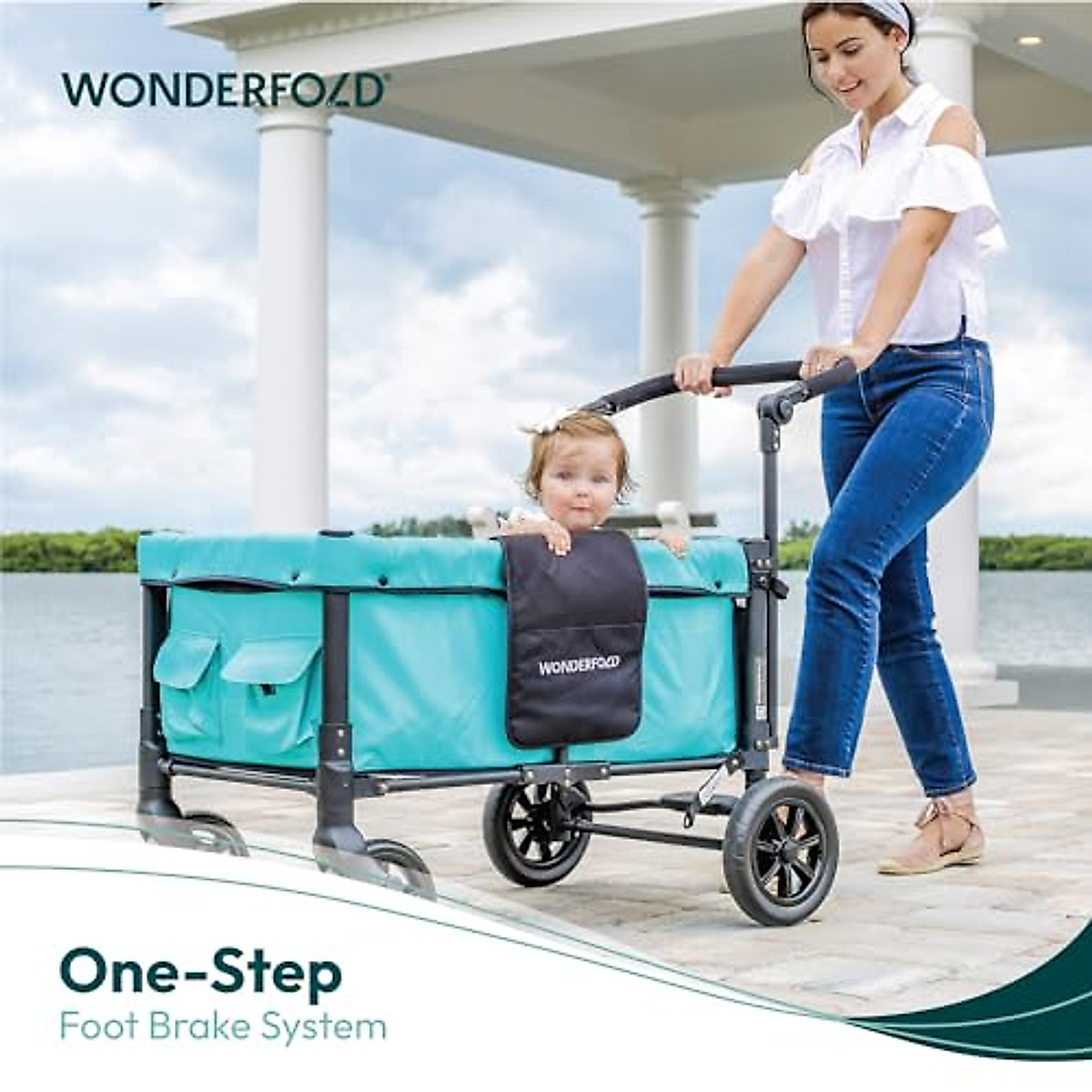 WONDERFOLD W1 Original Double Stroller Wagon (2 Seater) - Collapsible Wagon Stroller with Seats with 5-Point Harnesses, Adjustable Push Handle, and Sun Canopy, Fuschia Pink
