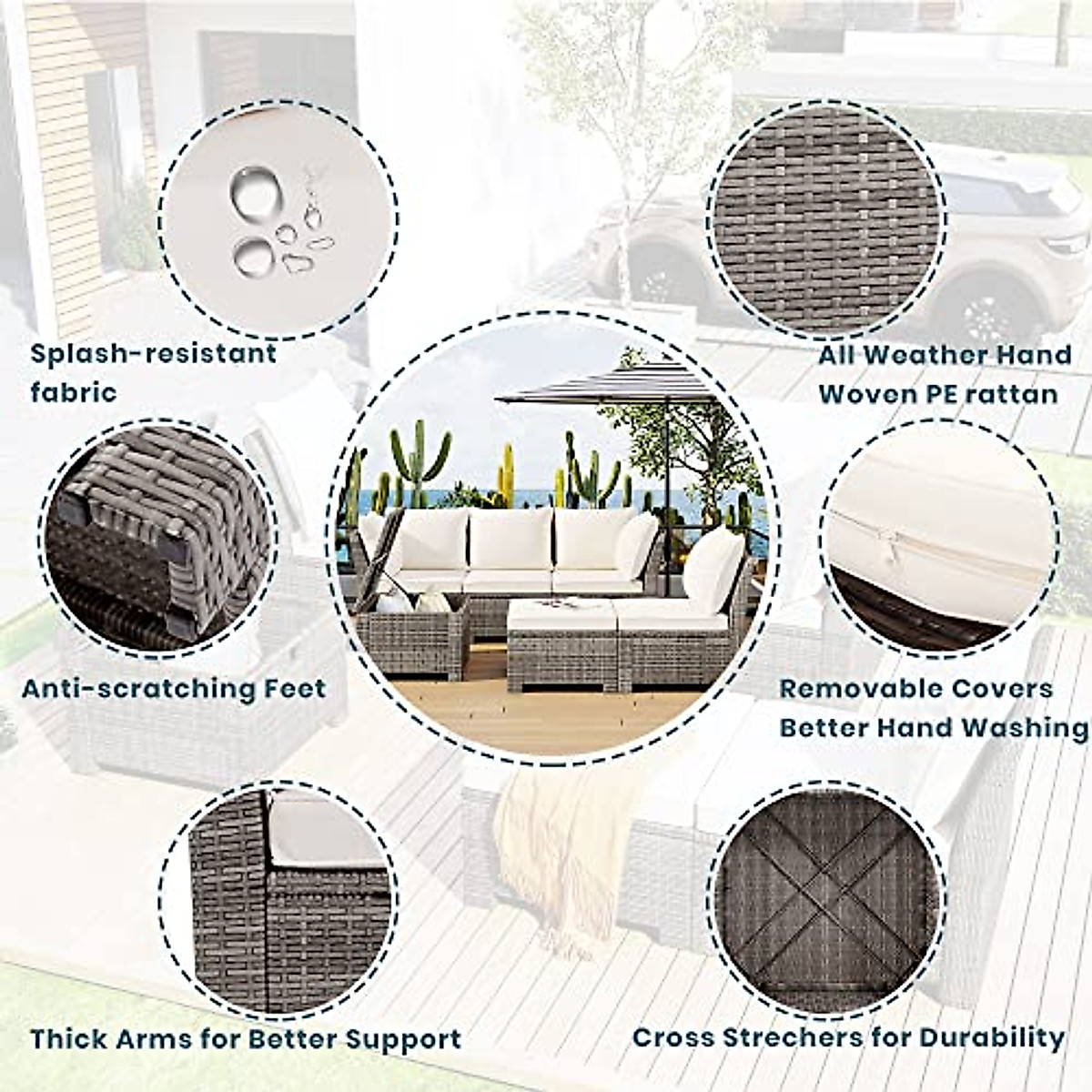 Goohome 6-Piece Patio Outdoor Sofa Set, All-Weather PE Wicker Rattan ConversationalSet Furniture w/2 Corner Sofá, 2 Single Chairs, 1 Storage Table and 1 Ottoman, for Backyard, Garden, Poolside, Deck