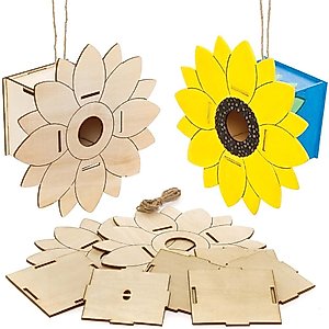 Baker Ross Sunflower Wooden Bird House Kits - Pack of 2, Woodcraft Activities to Paint and Decorate for Kids Arts and Crafts or Garden Projects (FE192)