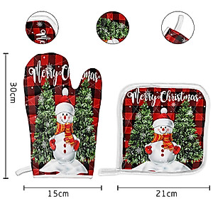 christmas Set of Oven Mitt and Pot Holder Snowman with Xmas Tree Kitchen Oven Gloves and Hot Pads Heat Resistance Non-Slip Surface for BBQ Cooking Baking Grilling Red Buffalo Plaid Check