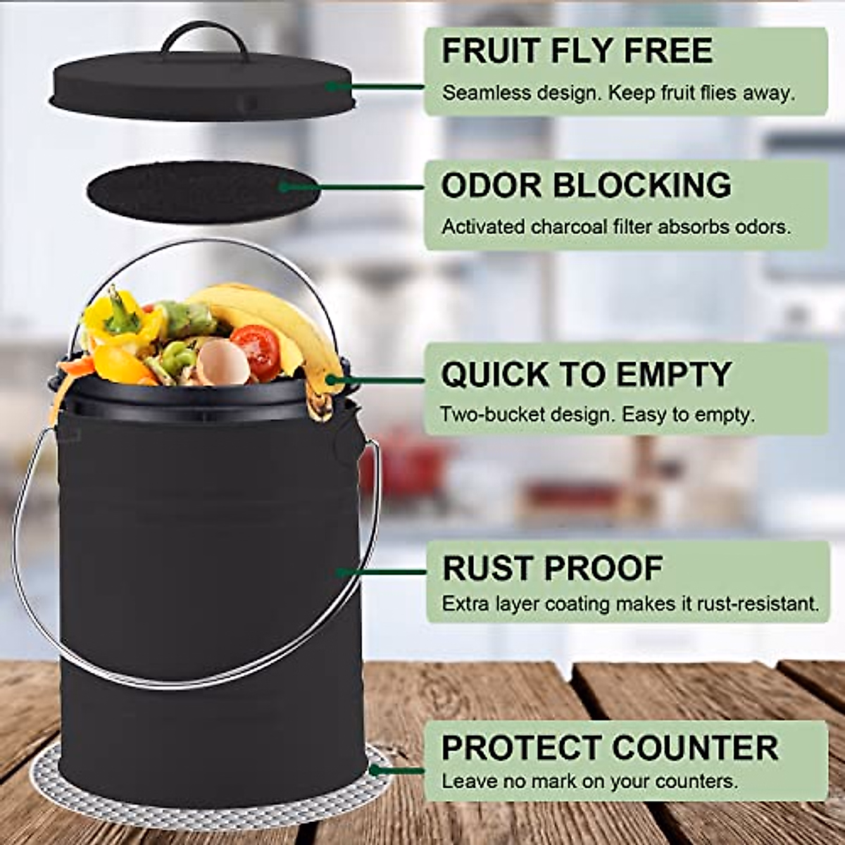 Compost Bin, LALASTAR Countertop Compost Bin with Lid, Kitchen Compost Container, Odorless Compost Bucket for Kitchen Food Waste with Carrying Handle, 1 Gallon, Black