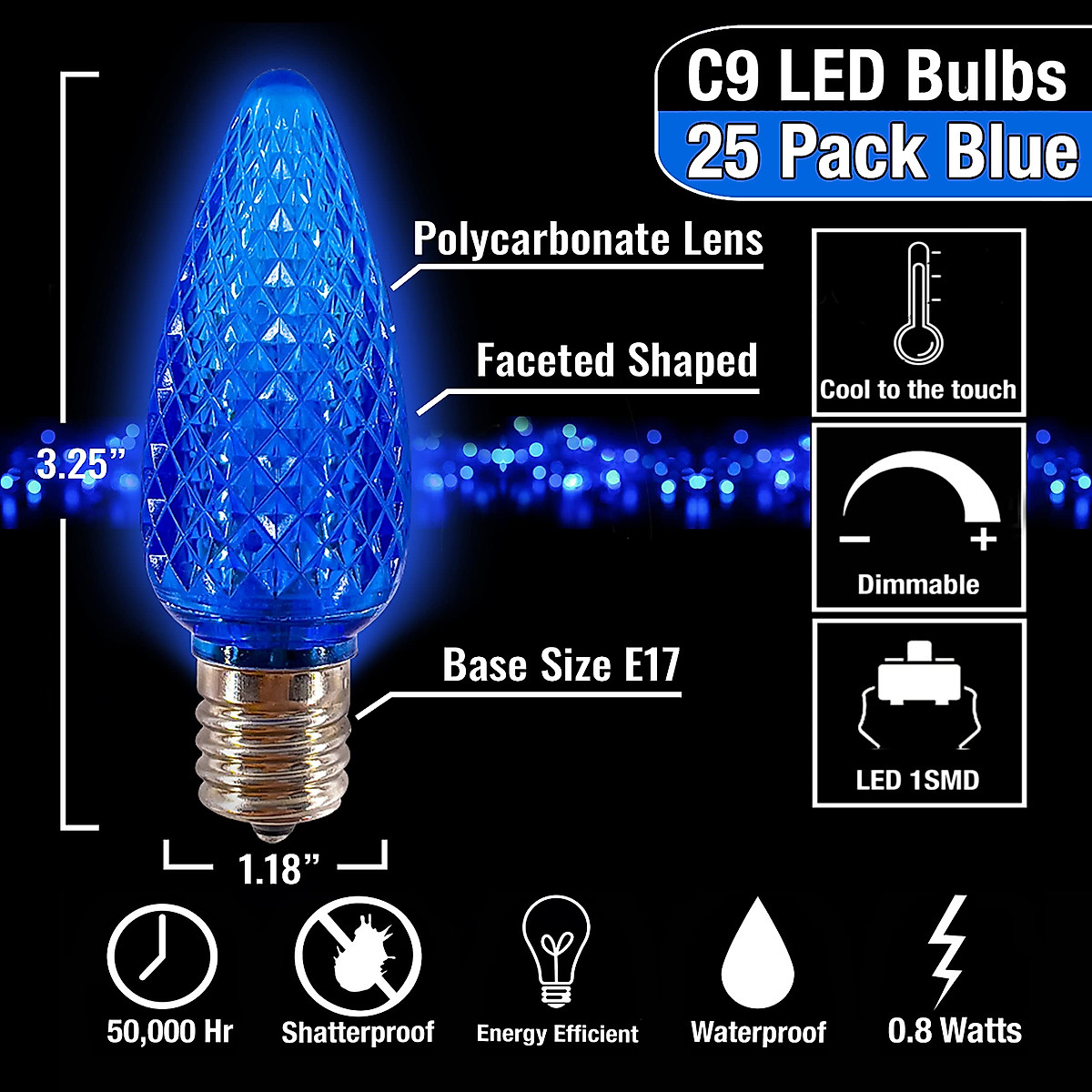 C9 LED Replacement Bulb by MIK Solutions (Pack of 25) LED Blue Replacement Christmas Light Bulbs Faceted Retrofit Candle Shape Commercial Grade E17 Socket Roof Lights Bulbs