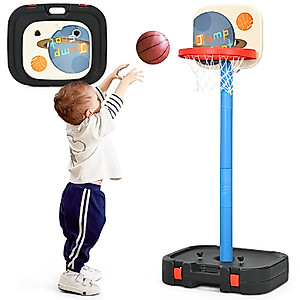 Costzon Basketball Hoop for Toddler, 3-in-1 Sports Activity Center w/Ring Toss, Soccer Goal, 31”-56” Height Adjustable, Indoor Outdoor Basketball Game Play Set for Baby (Car)