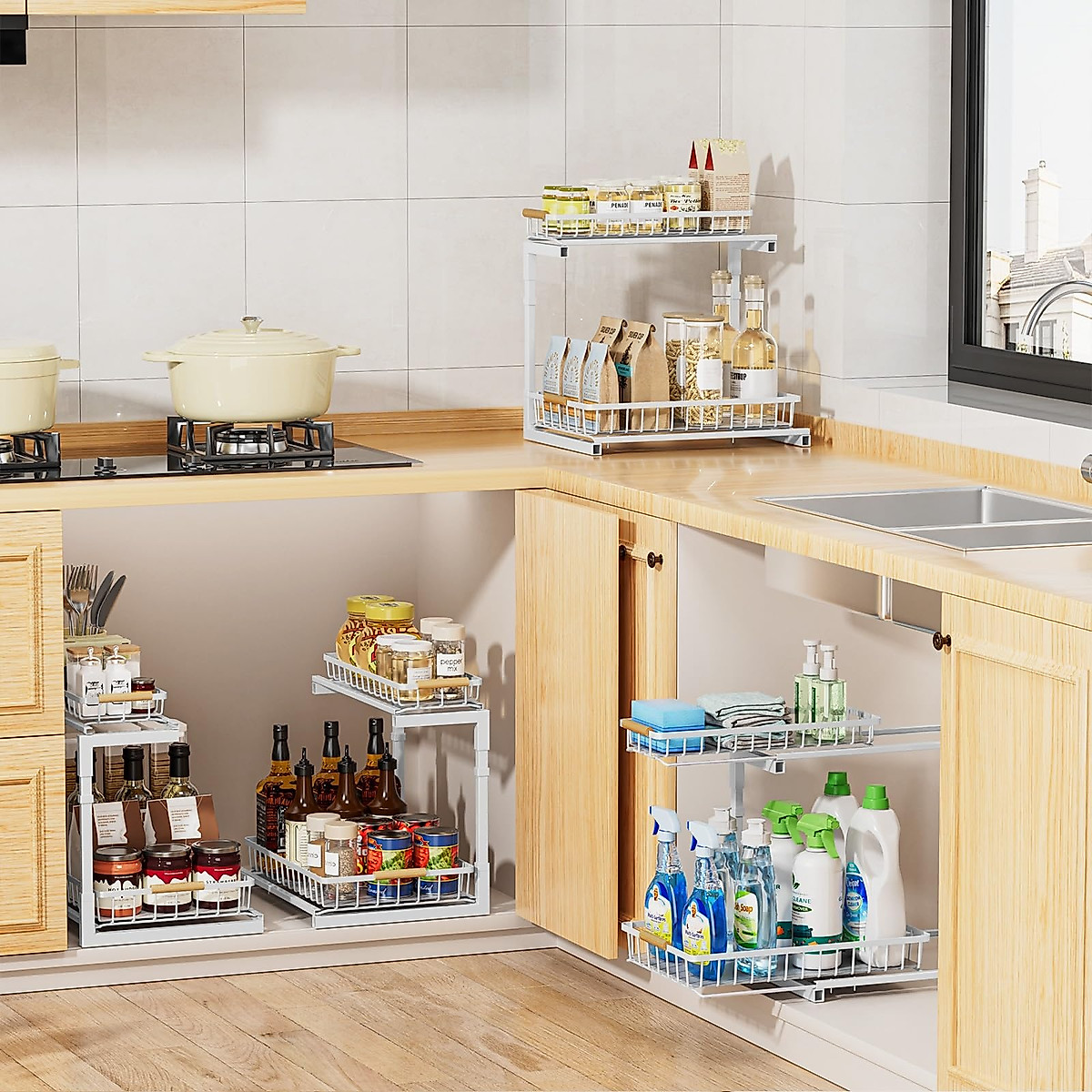 Delamu 2 Pack Under Sink Organizer and Storage, 2 Tier Pull Out Cabinet Organizer, Slide Out Under Sink Storage Shelf, Undersink Organizers Shelves for Kitchen Bathroom Pantry Organization