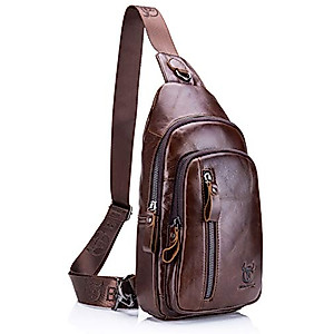 BULLCAPTAIN Mens Sling Bag Genuine Leather Chest Shoulder Backpack Crossbody Outdoor Travel Casual Daypack (brown), Medium