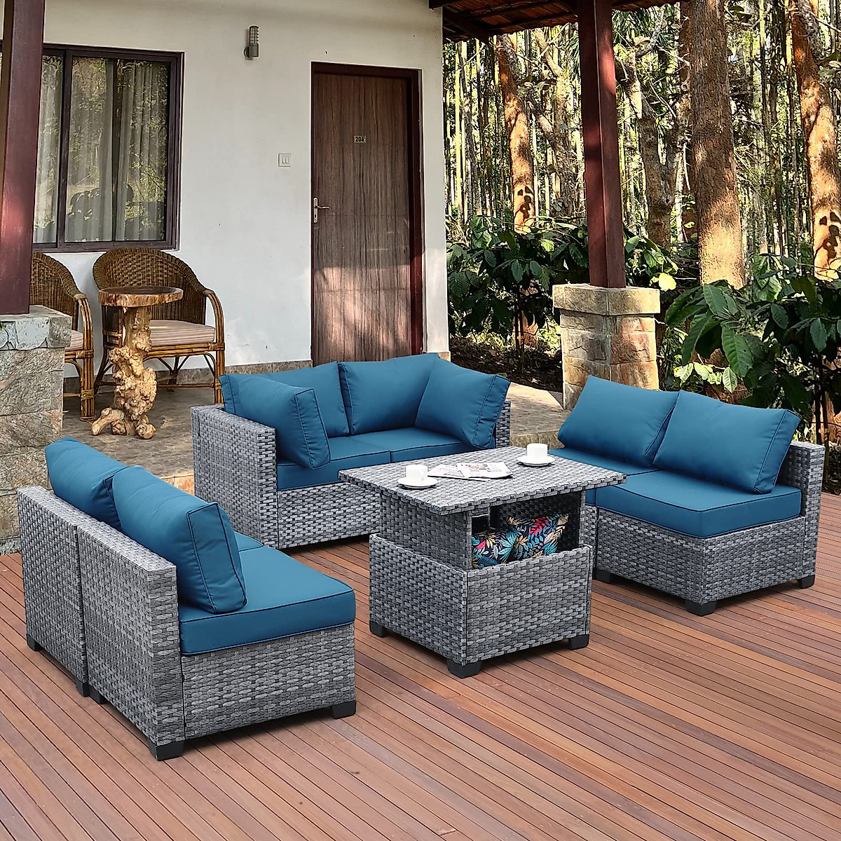 Lviden 7 Pieces PE Wicker Patio Furniture Set Outdoor Sectional Conversation Sofa Set with Liftable Storage Table, Non-Slip Cushions and Furniture Cover, Peacock Blue