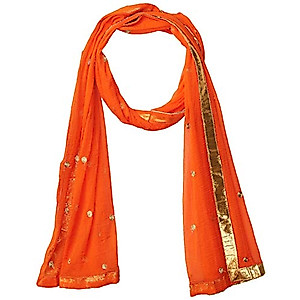 TMS Woman's Embroidered Chiffon Dupatta Scarf Shawl Wrap Soft Indian Bridal Wedding (Orange)
