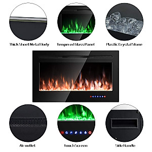 COSTWAY 36-Inch Electric Fireplace, 750W/1500W Wall Recessed and Mounted Fireplace Insert with Remote Control, 9 Flame Colors, 5 Brightness Settings, 8 H Timer, Fireplace Heater for Indoor Use