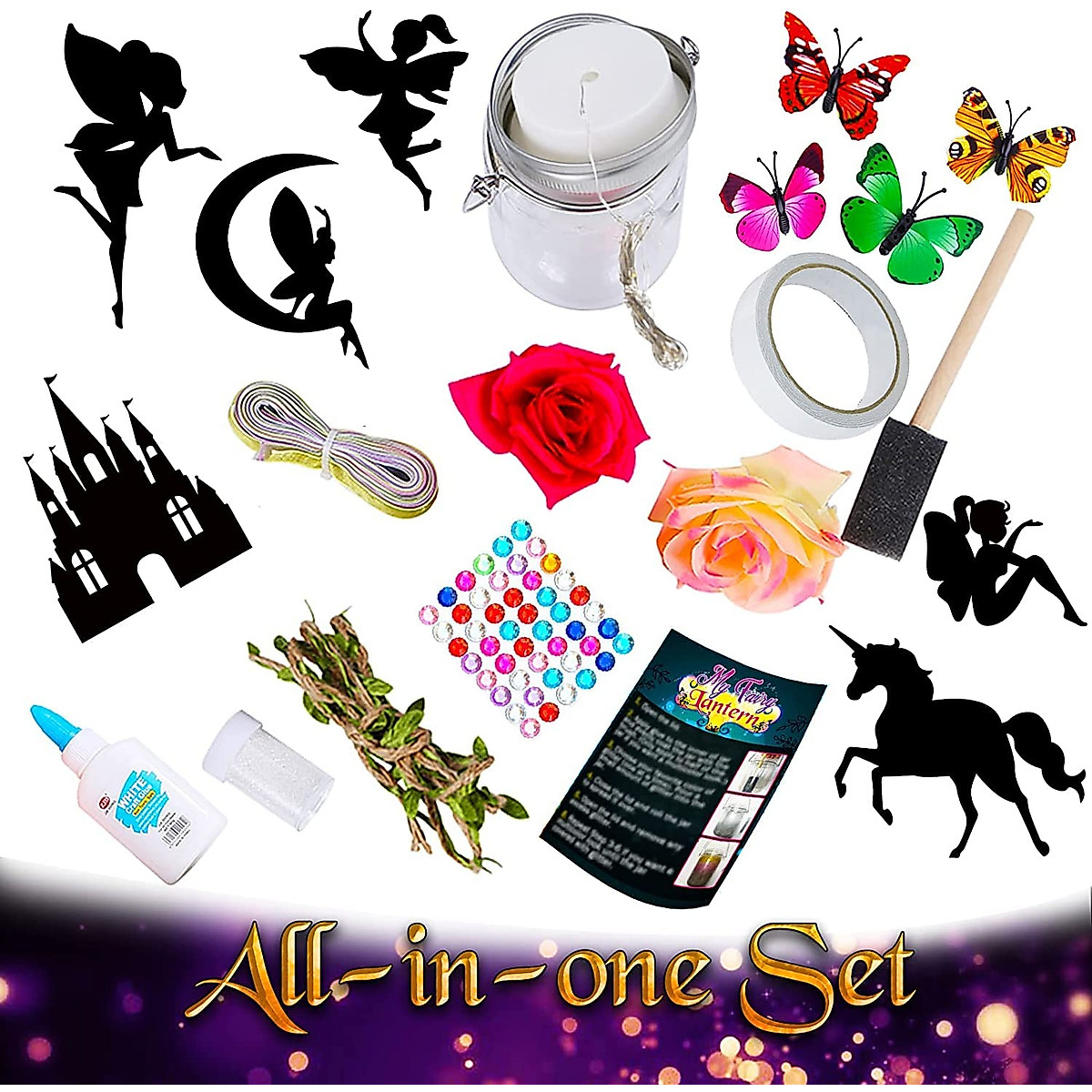 FUNZBO Fairy Lantern Jar Craft Kit - Arts and Crafts for Girls with Fairy and Unicorn Silhouettes, Kids Night Light for Room Decorations, Kids Art Projects, Craft Kits for Kids Ages 4-8