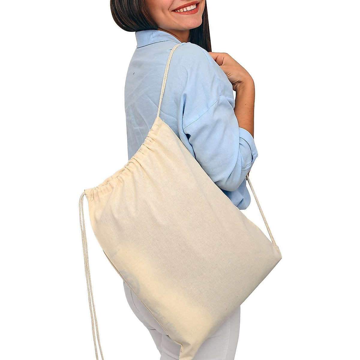 TBF (12 Pack) Set of 12 Durable Cotton Canvas Drawstring Backpack Bags 14" W x 16" H (Natural)