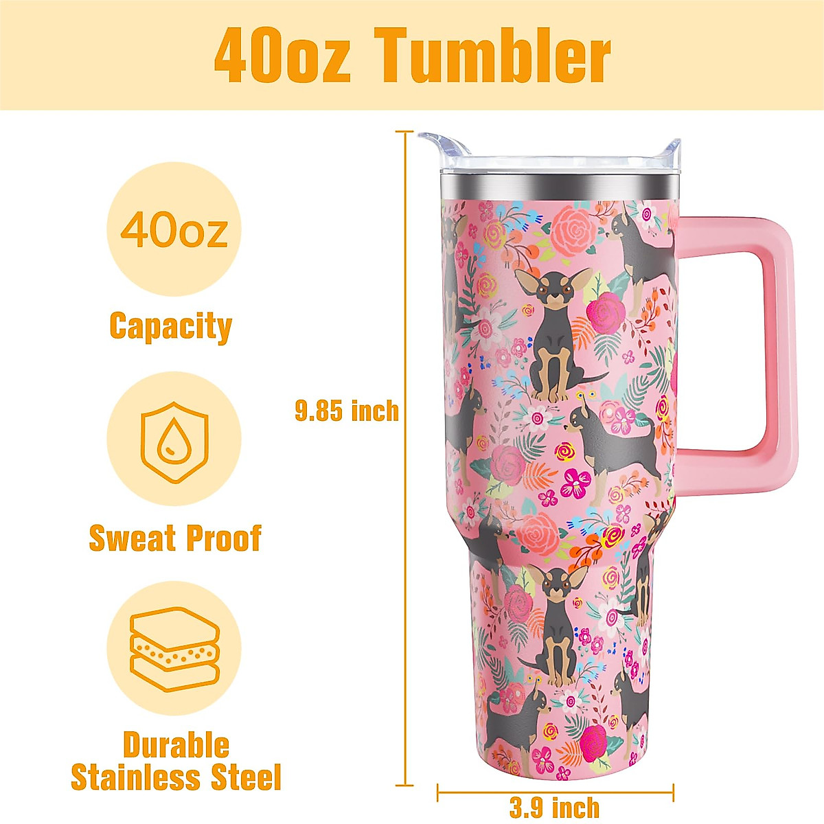 owbgsdh Chihuahua Gifts for Women Dog Lovers 40 oz Floral Chihuahua Tumblers with Handle and Straw, Stainless Steel Vacuum Insulated Travel Coffee Mug Cup Water Bottle