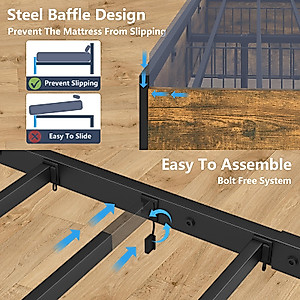 furomate Bed Frame Queen Size Metal Bed Frame with Storage Headboard and 4-Drawers, Platform Bed Frame with LED Light & Charging Station, No Box Spring Needed, Rustic Brown