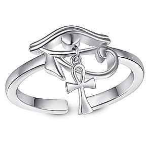 TANGPOET Eye of Horus with Ankh Cross Rings for Women 925 Sterling Silver Adjustable Open Rings Protection Jewelry Gift for Her
