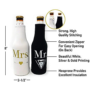 Mr. & Mrs. Beer Bottle Cooler Sleeves Black & White Gift Set 2 Pack - Perfect for Wedding, Bridal Shower, Engagement Party & So Much More.