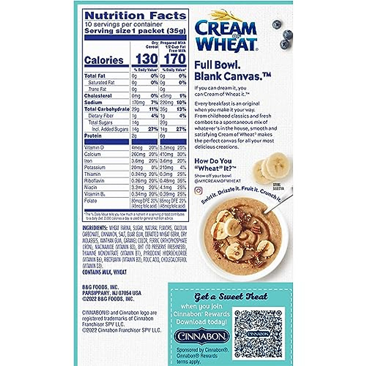 Cream of Wheat Instant Hot Cereal, Cinnabon, 1.23 Ounce, 10 Packets (Packaging May Vary)