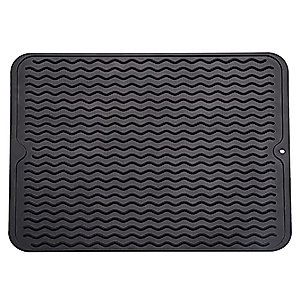 Hopeup Dish Drying Mat for Kitchen Counter, Slip Resistant Silicone Quick Dry Pad for Washing Dishes Cup Draining Pad Heat Insulation Anti-Slip Reliable Restaurant Cutlery Draining Pad Black