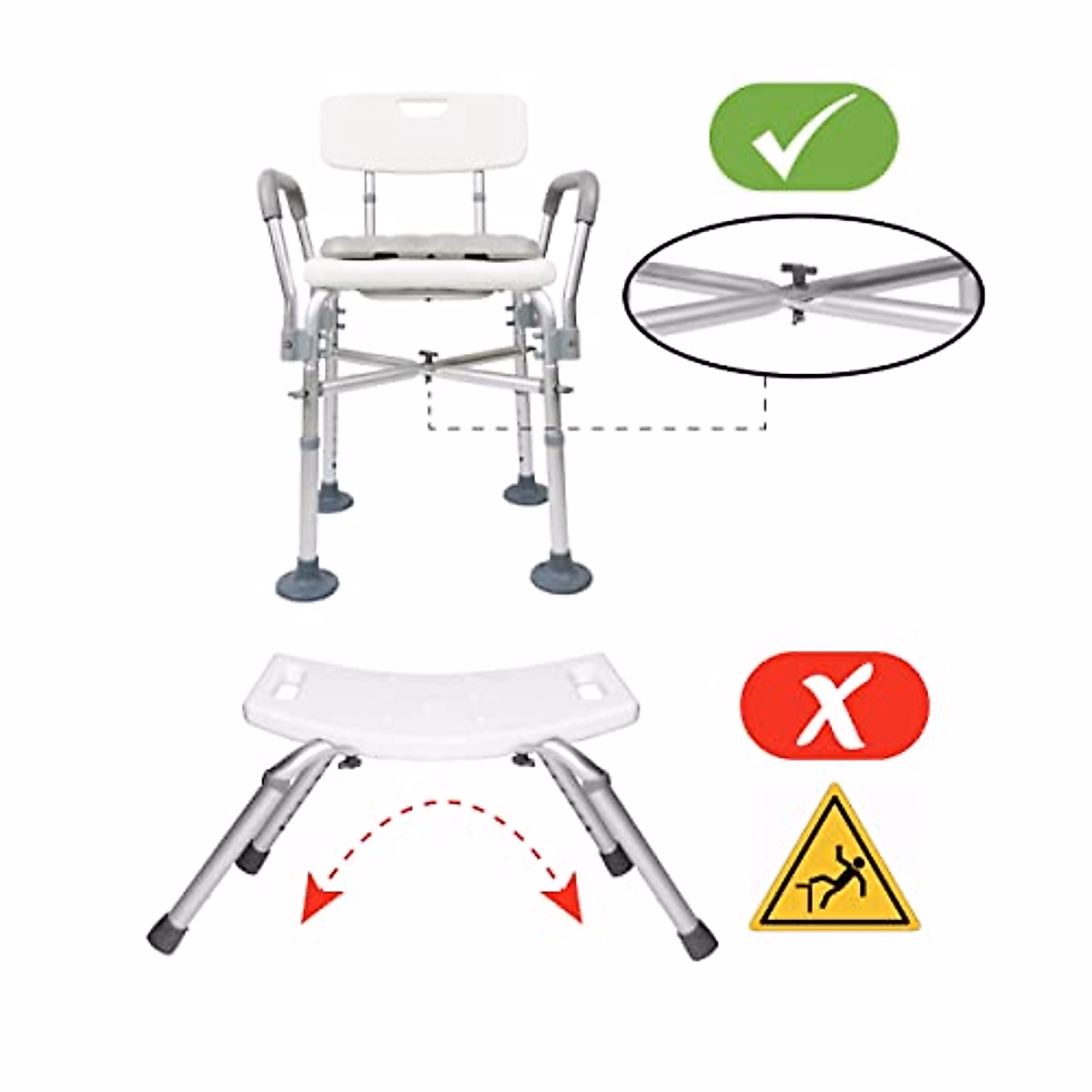 KMINA - Padded Shower Chair with Arms and Back (330 lbs) with Double Reinforced Crossbar and Cushion, Heavy Duty Shower Seat for Adults, Shower Chair for Inside Shower White - Made in Europe