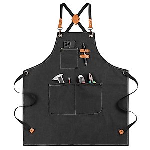 Chef Grill or Work Aprons for Women and Men with Large Pockets, Cross Back Waterproof Chef Apron, Adjustable Painting, Barbecue, Kitchen Cooking, Baking Apron, Work Shop Accessories M-XXL(BLACK)