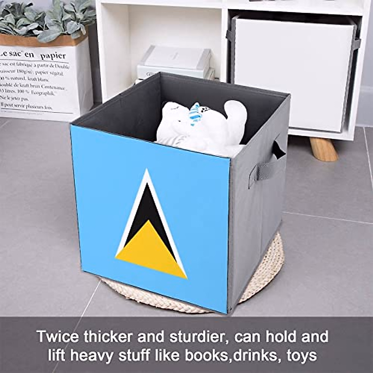 Saint Lucia Flag PU Leather Collapsible Storage Bins Canvas Cube Organizer Basket with Handles