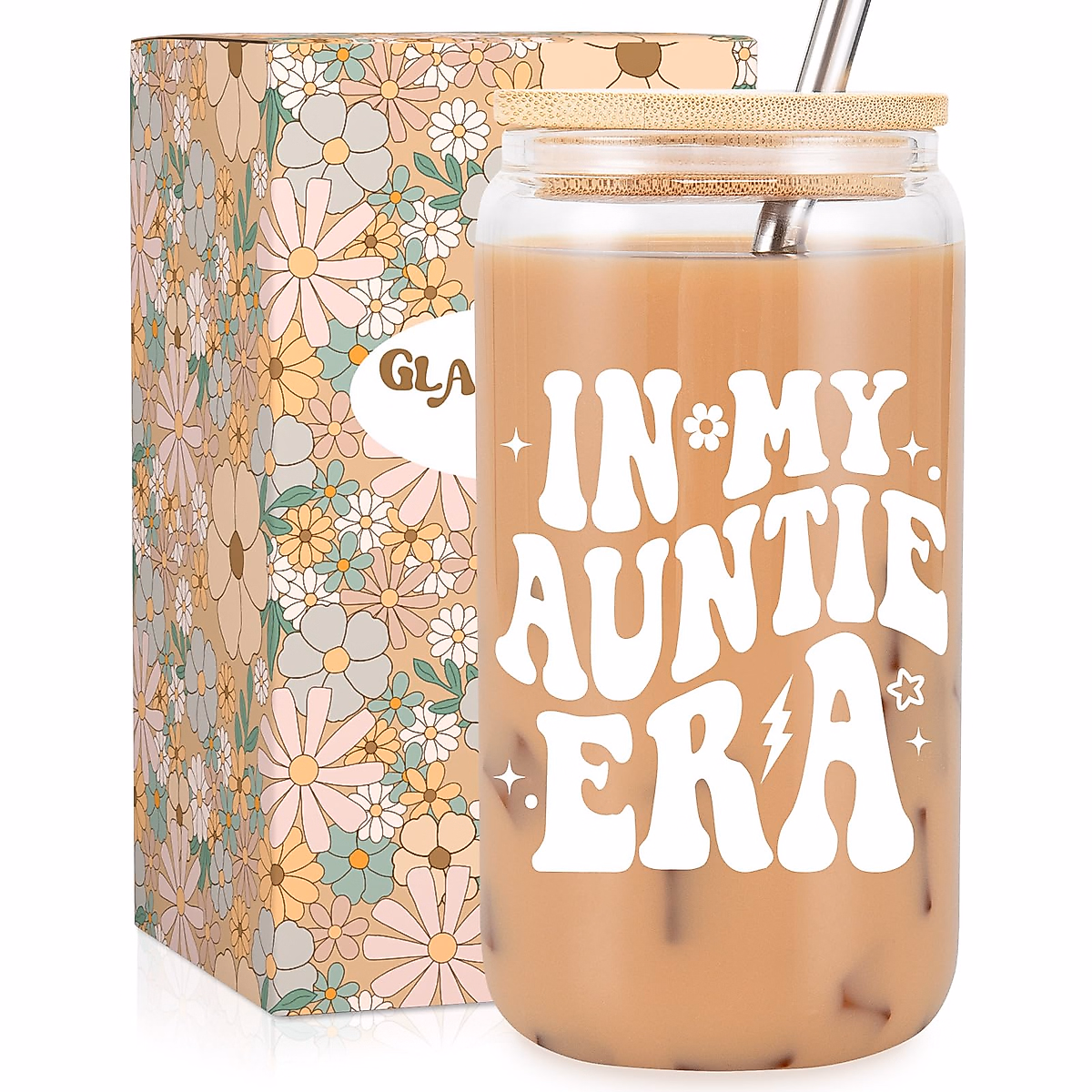 Fairy's Gift Aunt Cup, Cute Aunt Gifts - Iced Coffee Cup, 16 oz Glass Cup with Lid & Straw - Christmas, Birthday Gifts for Auntie, Best Aunt, New Aunt - Auntie Gifts from Niece, Nephew